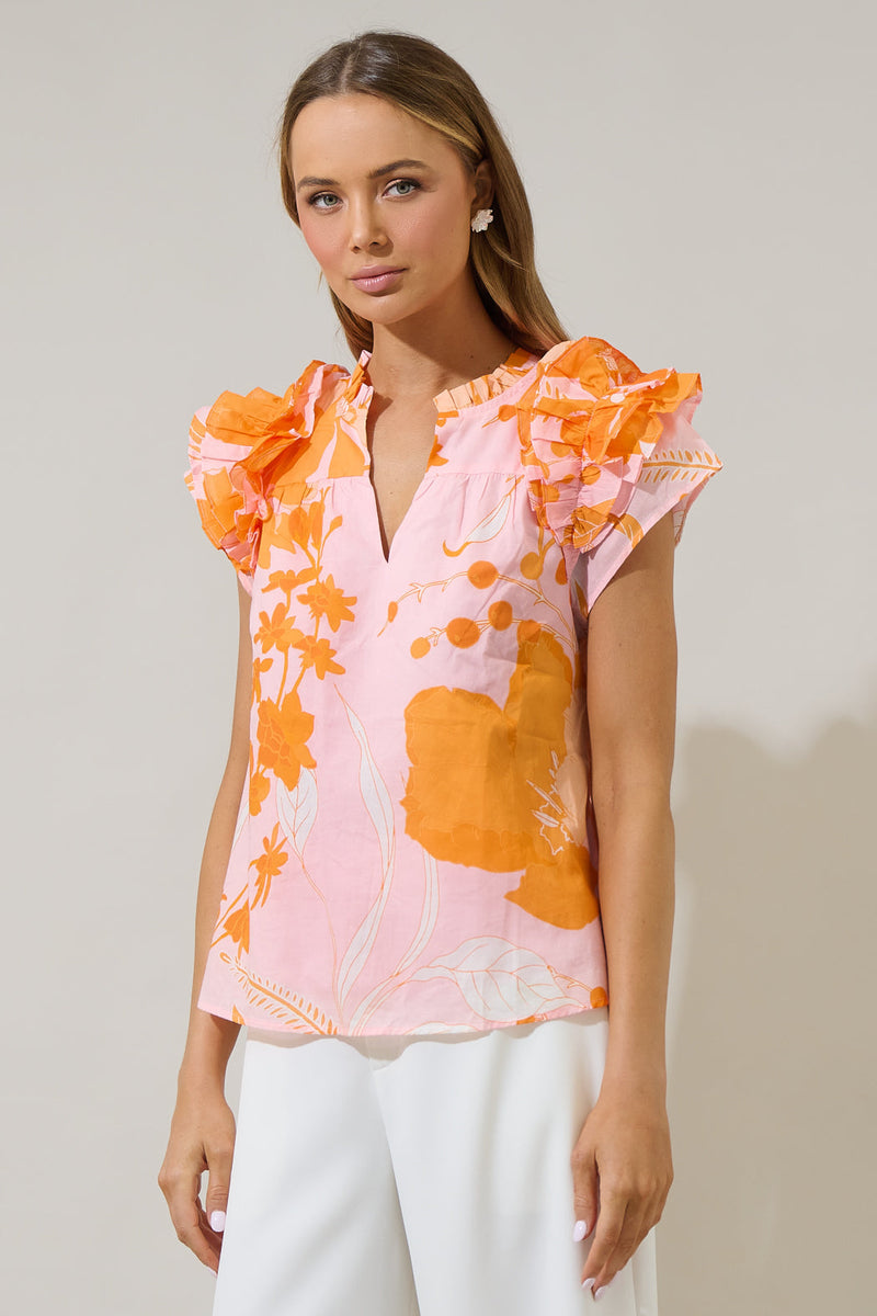 Lenira Floral Ramona Ruffle Split Neck Top – Sugarlips