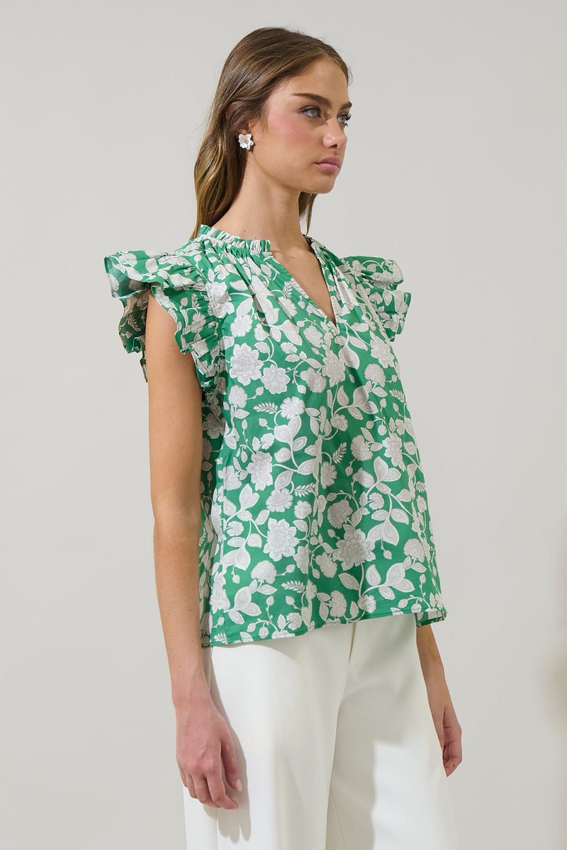 Baxley Floral Risette Ruffle Split Neck Top – Sugarlips