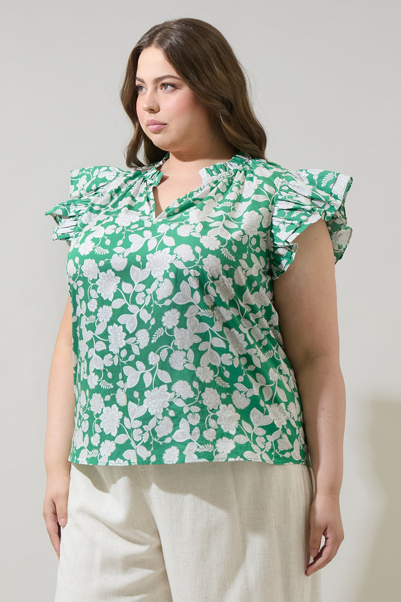 Baxley Floral Risette Ruffle Split Neck Top Curve – Sugarlips