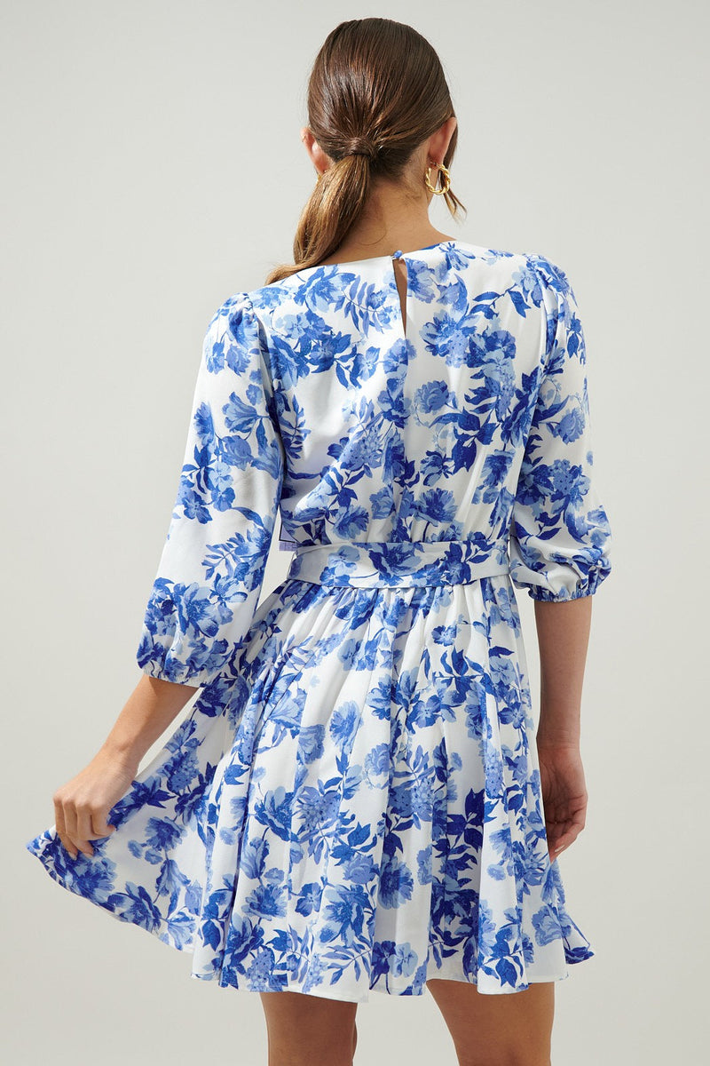 Antoinette Blue Floral Collins Godet Mini Dress Sugarlips