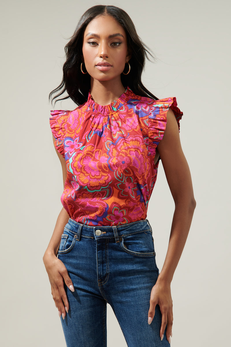 Raveena Floral Gabrielle Mock Neck Poplin Top – Sugarlips