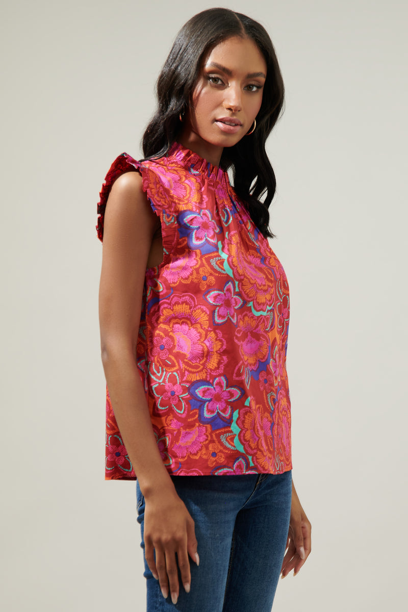 Raveena Floral Gabrielle Mock Neck Poplin Top – Sugarlips