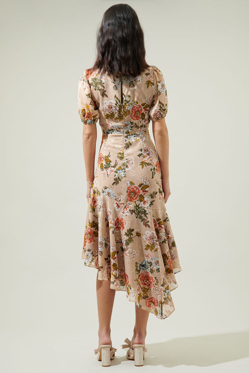 Harbin Floral Balboa Asymmetrical Midi Dress – Sugarlips