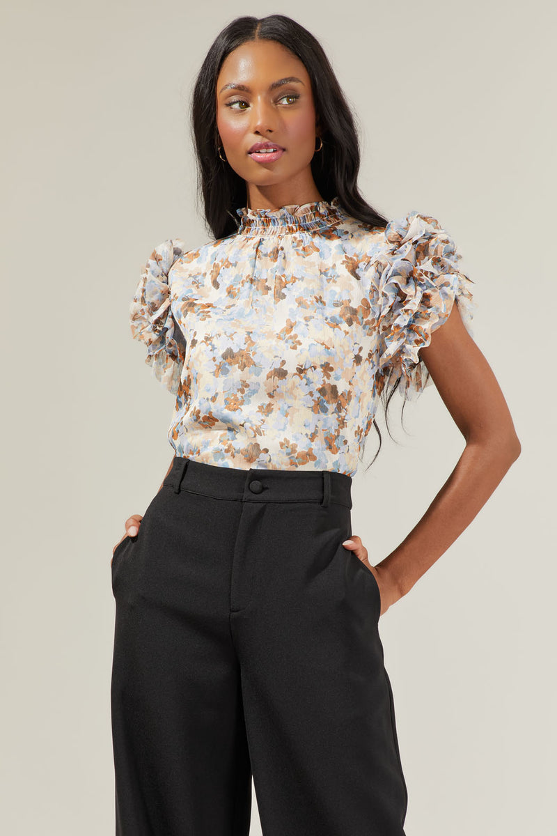Luna Floral Brenna Mock Neck Ruffle Blouse – Sugarlips