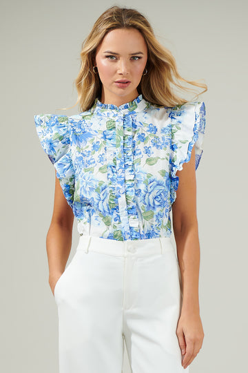 Truth Be Told Blue Floral Gabrielle Mock Neck Poplin Top – Sugarlips