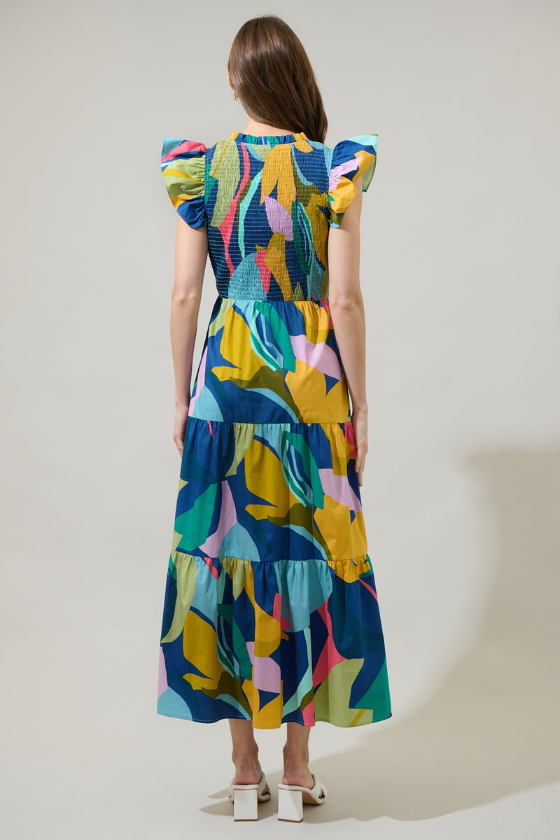 Gia Abstract Sunfire Smocked Bodice Tiered Midi Dress – Sugarlips