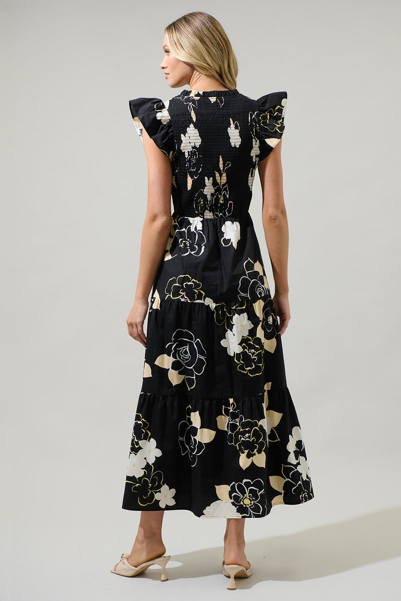 Cairan Rose Sunfire Smocked Bodice Tiered Midi Dress – Sugarlips