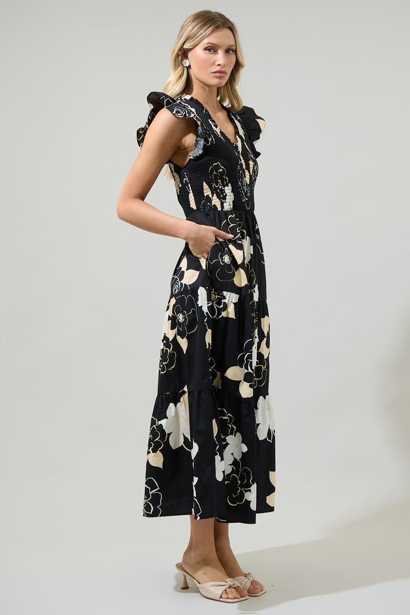 Cairan Rose Sunfire Smocked Bodice Tiered Midi Dress – Sugarlips