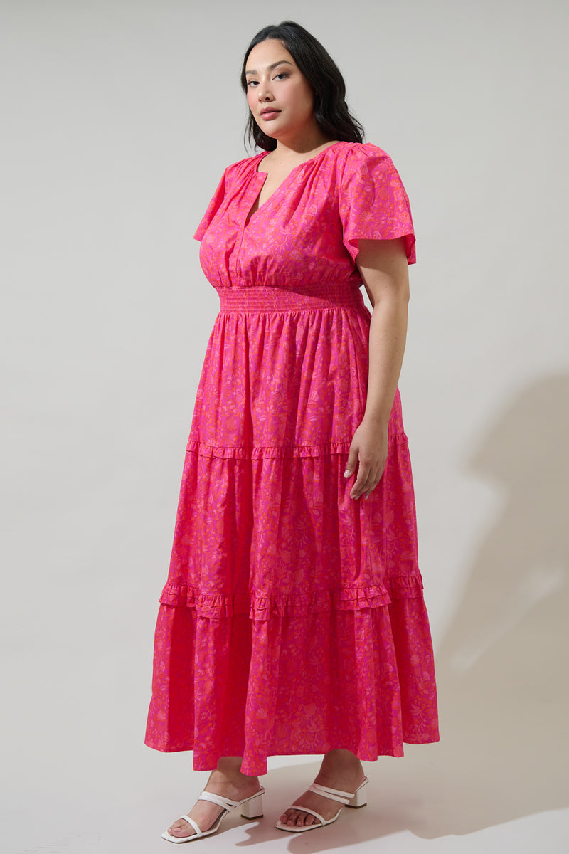 Cerise Floral Palmer Poplin Tiered Maxi Dress Curve – Sugarlips
