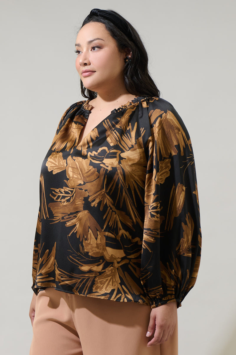 Palm Tropics Midnight Jovie Split Neck Satin Raglan Blouse Curve ...