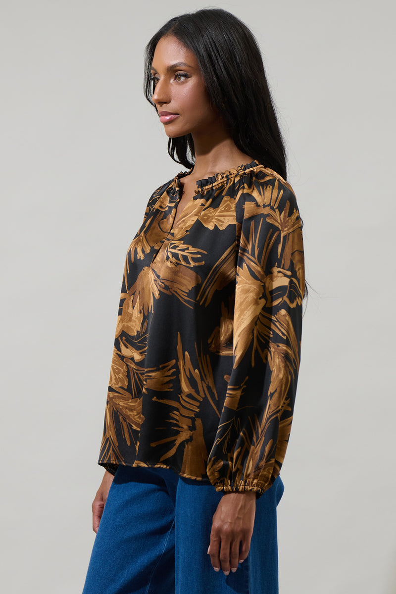 Palm Tropics Midnight Jovie Split Neck Satin Raglan Blouse – Sugarlips