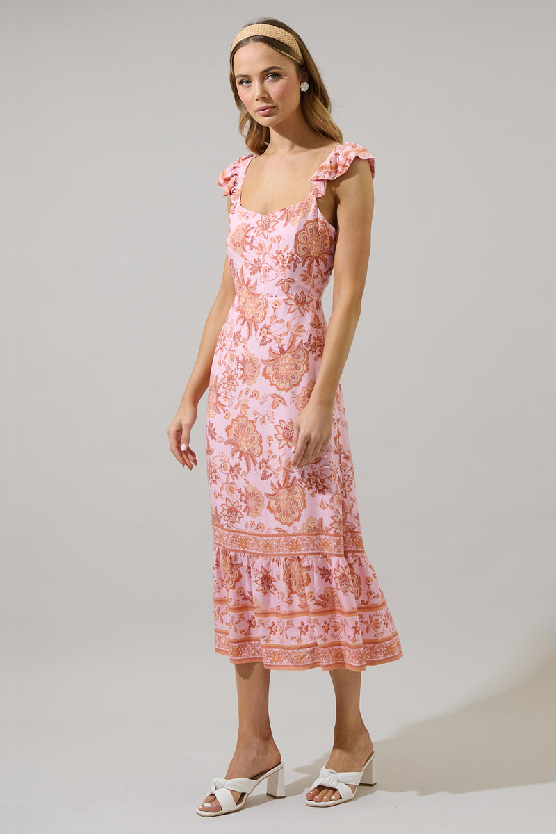 Zavey Floral Chantal Ruffle Smocked Midi Dress – Sugarlips
