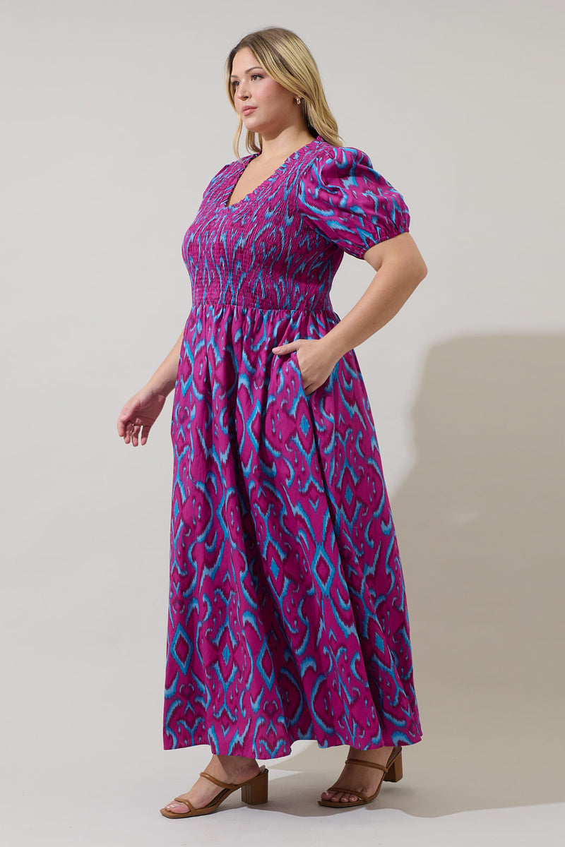 Ivani Abstract Brenty Smocked Midi Dress Curve – Sugarlips