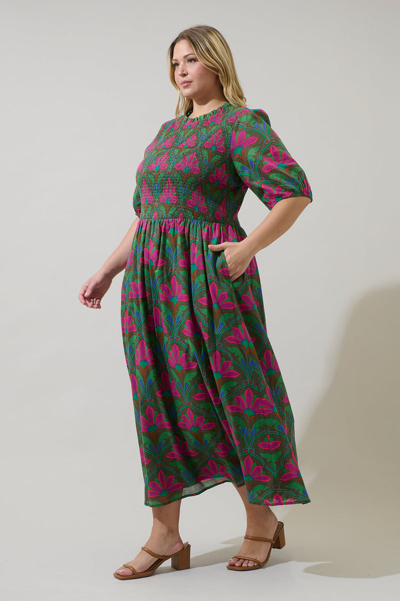 Evanna Floral Bermy Smocked Maxi Dress Curve – Sugarlips