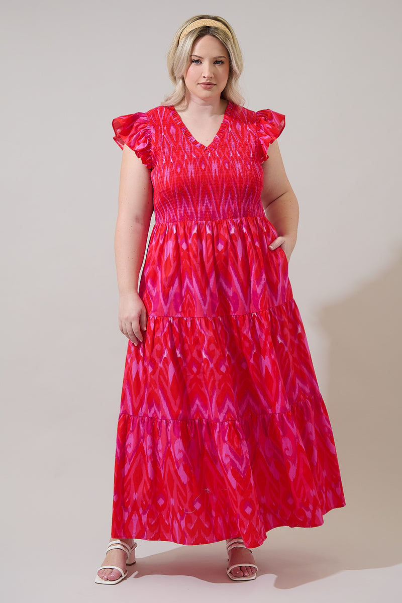 Blevin Ikat Sunfire Smocked Midi Dress Curve – Sugarlips