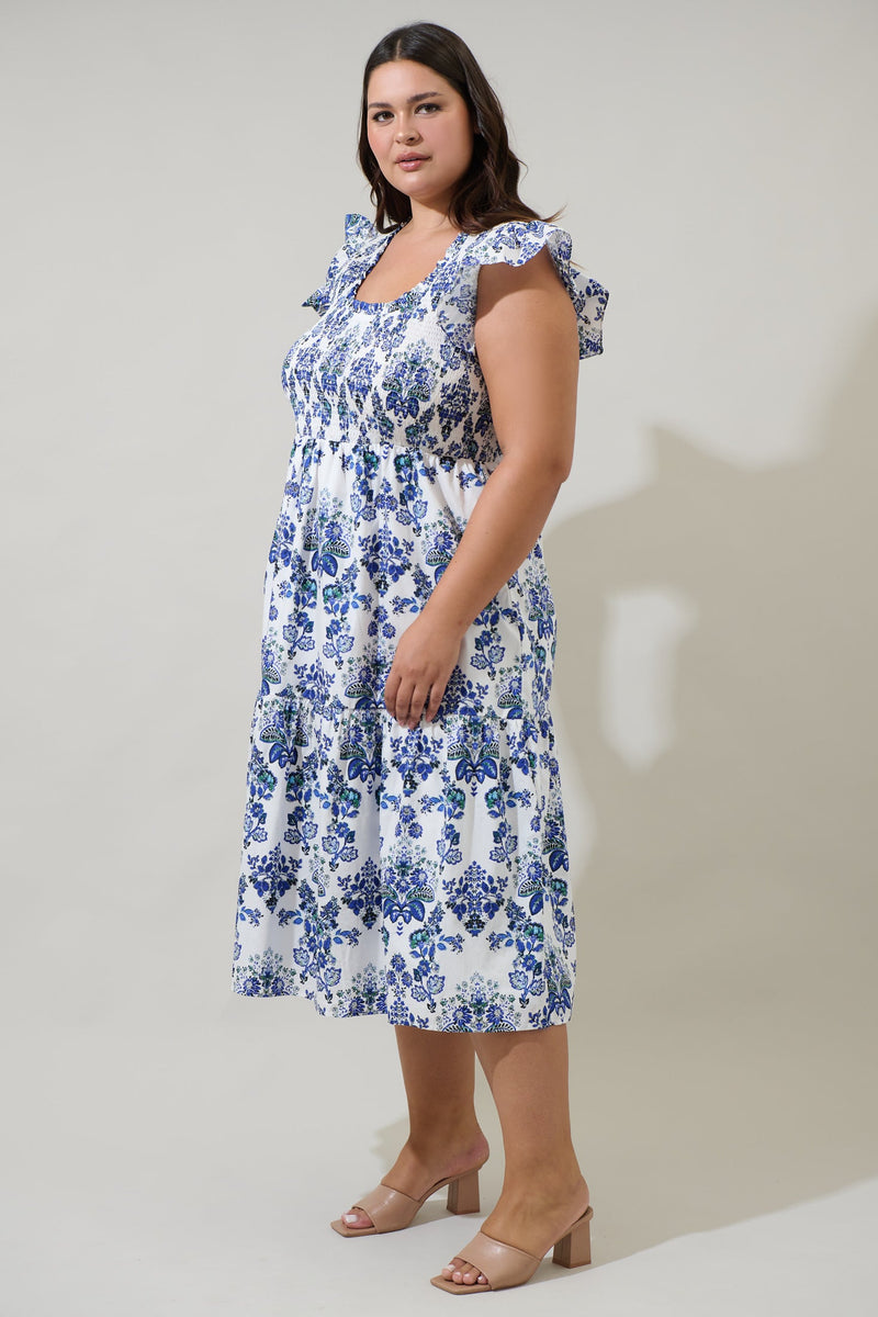 Viara Floral Giza Glare Smock Tiered Midi Dress Curve – Sugarlips