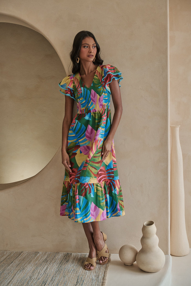 Novi Tropical Patte Tiered Midi Dress – Sugarlips