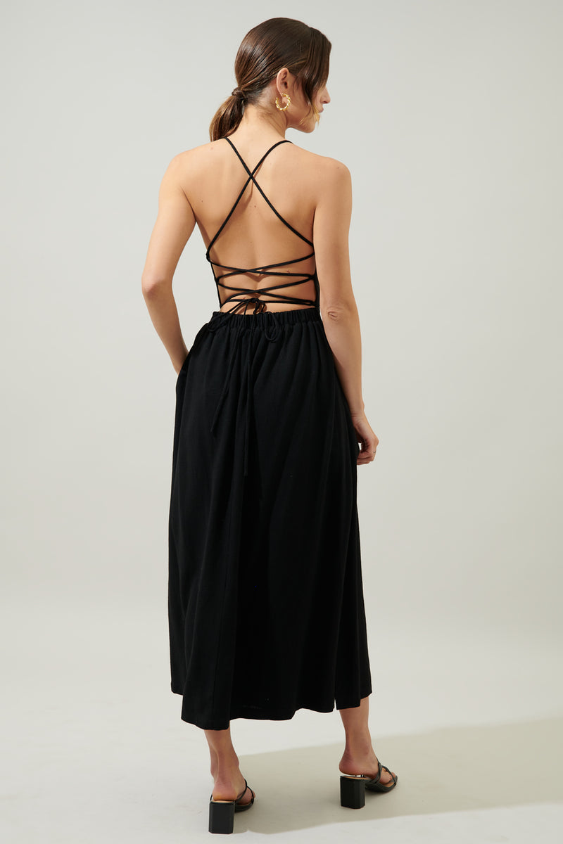 Aisha Open Back Lace Up Midi Dress – Sugarlips